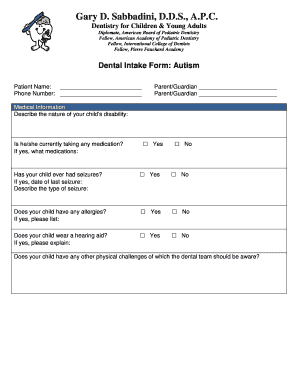 Fillable Online Dental Intake Form - Autism - Dr. Gary Sabbadini Fax ...