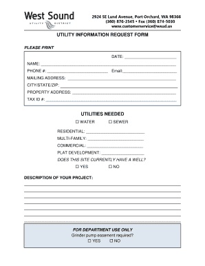 Fillable Online wsud UTILITY INFORMATION REQUEST FORM UTILITIES NEEDED ...