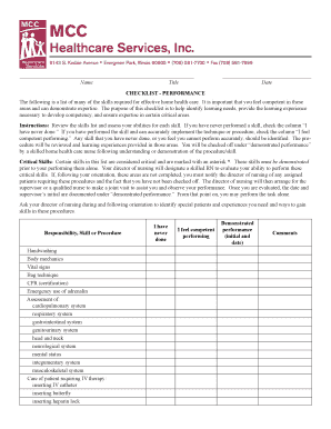 Fillable Online Performance Checklist - MCC Healthcare Services Fax ...