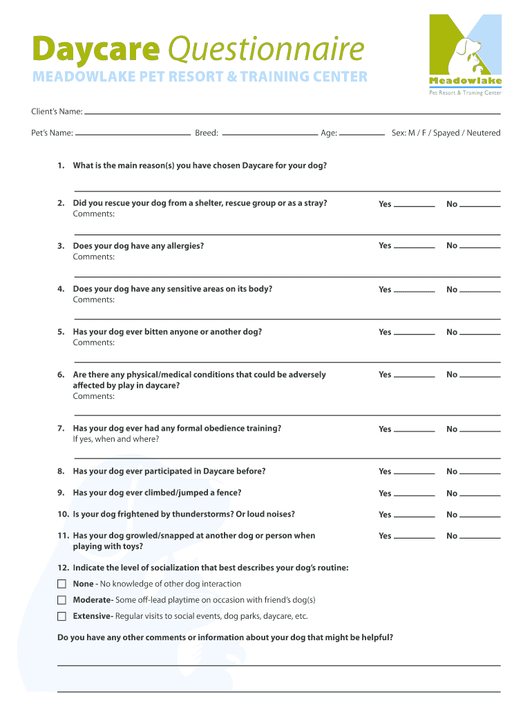 Fillable Online Daycare Questionnaire Fax Email Print - pdfFiller