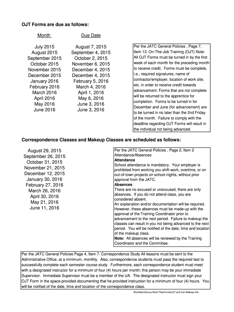 Fillable Online ualocal412training OJT Forms are due as follows ...