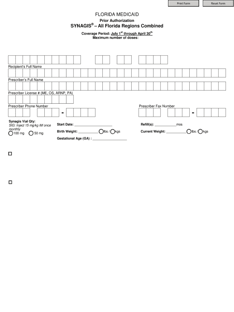 Fillable Online Florida PA Form: SYNAGIS All Florida Regions Combined ...