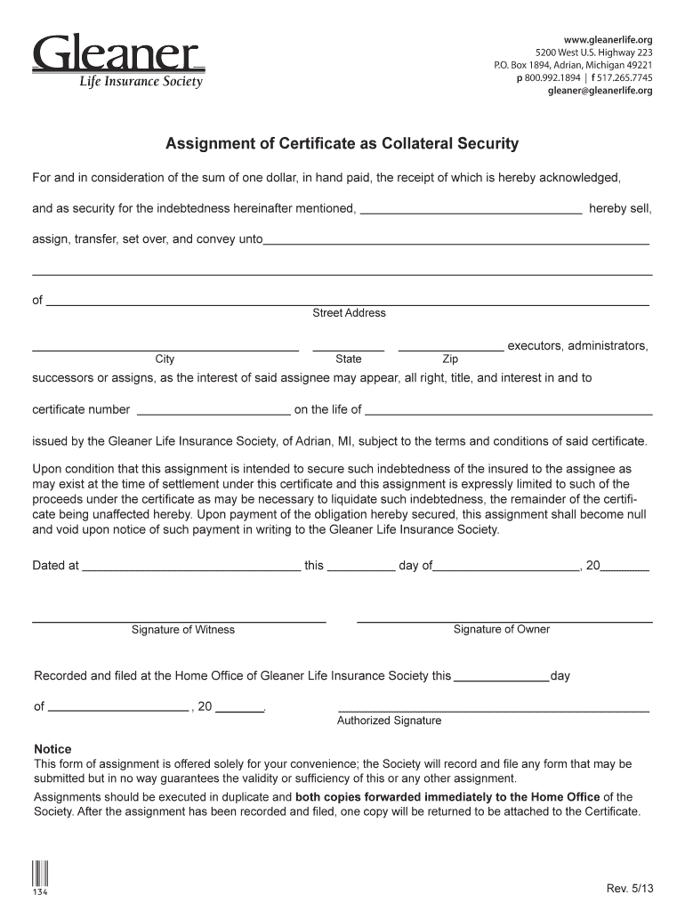 Fillable Online Assignment of Certificate as Collateral Security - Gleaner Life ... Fax Email ...