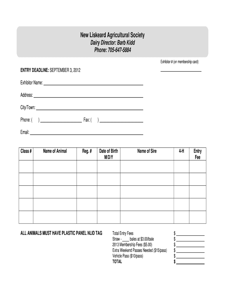 Fillable Online newliskeardfallfair Dairy Form.doc ...