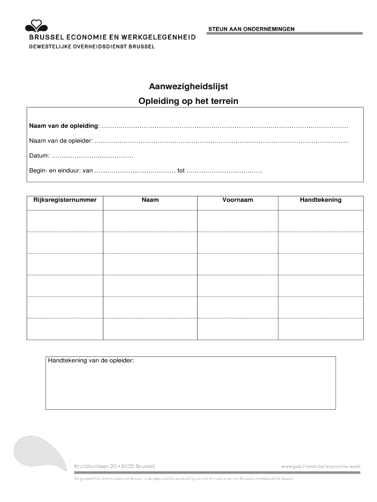 Fillable Online Aanwezigheidslijst opleiding op het terrein - Bruxelles ...