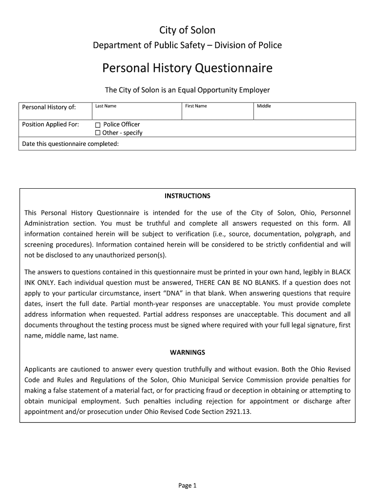 Fillable Online solonohio Personal History Questionnaire - solonohio ...