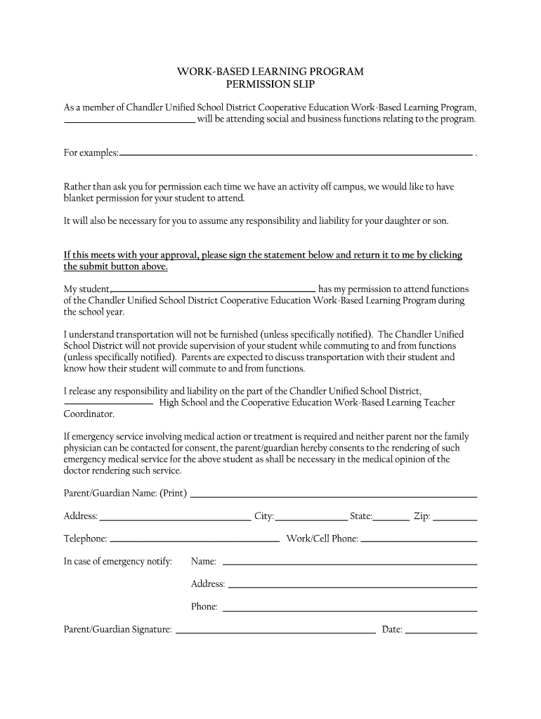 Fillable Online azed WORK-BASED LEARNING PROGRAM PERMISSION SLIP Fax ...