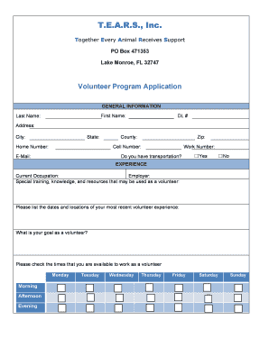 Fillable Online tearsofseminolecounty Volunteer Application - TEARS of ...