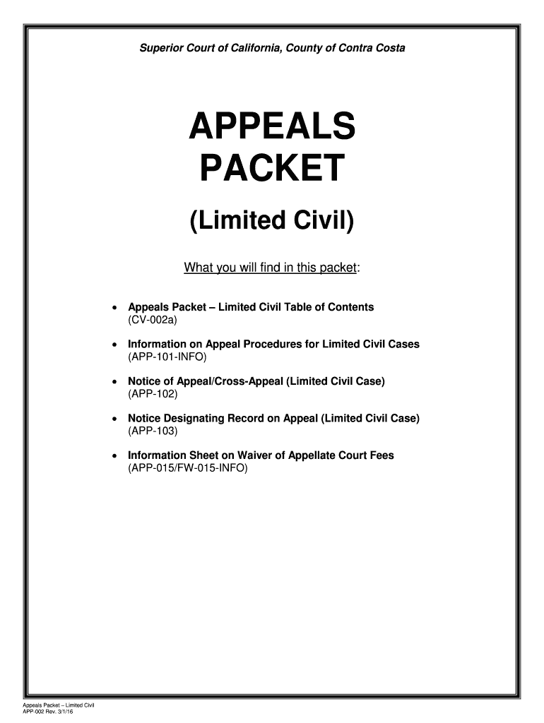 Fillable Online Appeals Packet APP-002 CV-40 limited civil cover sheet ...