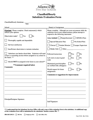 Fillable Online adams12 Classified/Hourly Substitute Evaluation Form - adams12.org Fax Email ...