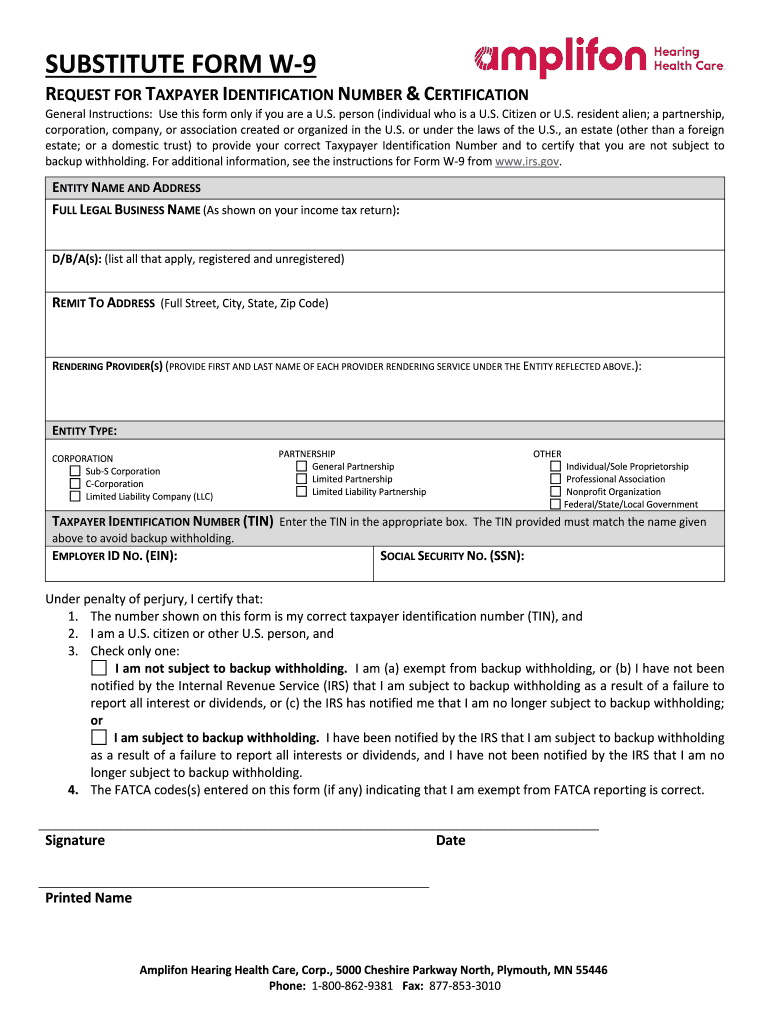 Fillable Online SUBSTITUTE FORM W-9 - amplifonusa.com Fax Email Print ...