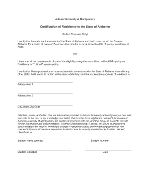Fillable Online aum Certification of Residency in the State of Alabama ...