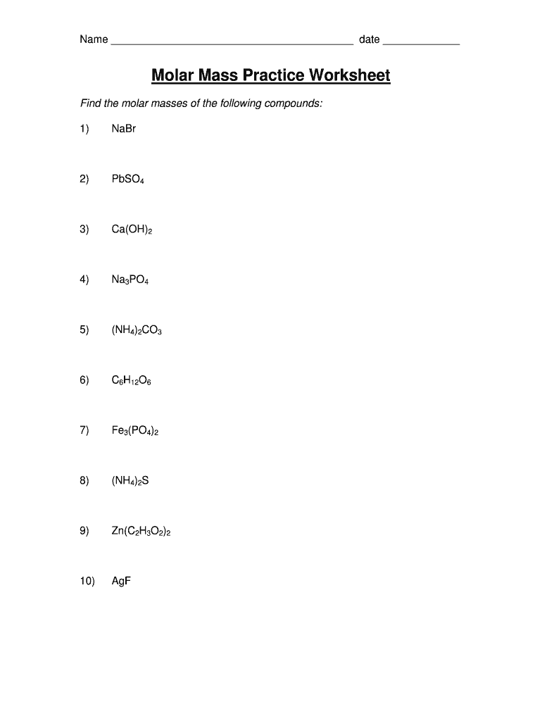 Molar Mass Practice Worksheet - Fill Online, Printable, Fillable, Blank ...