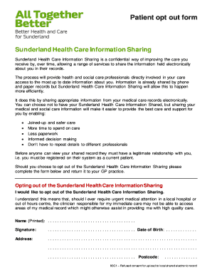Fillable Online atbsunderland org Patient opt out form Sunderland ...