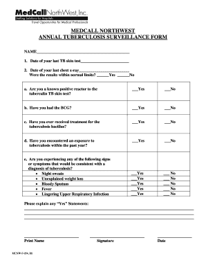 Fillable Online MEDCALL NORTHWEST ANNUAL TUBERCULOSIS SURVEILLANCE FORM ...