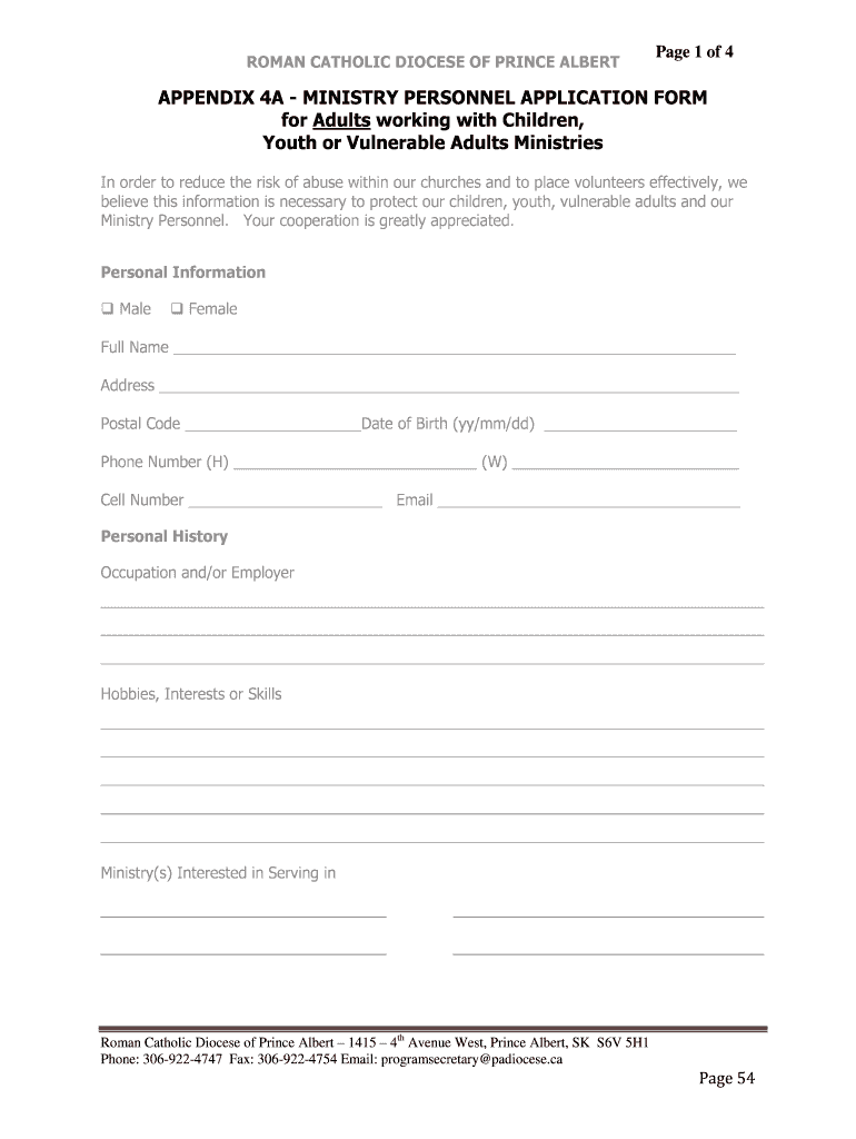Fillable Online padiocese APPENDIX 4A - MINISTRY PERSONNEL APPLICATION ...