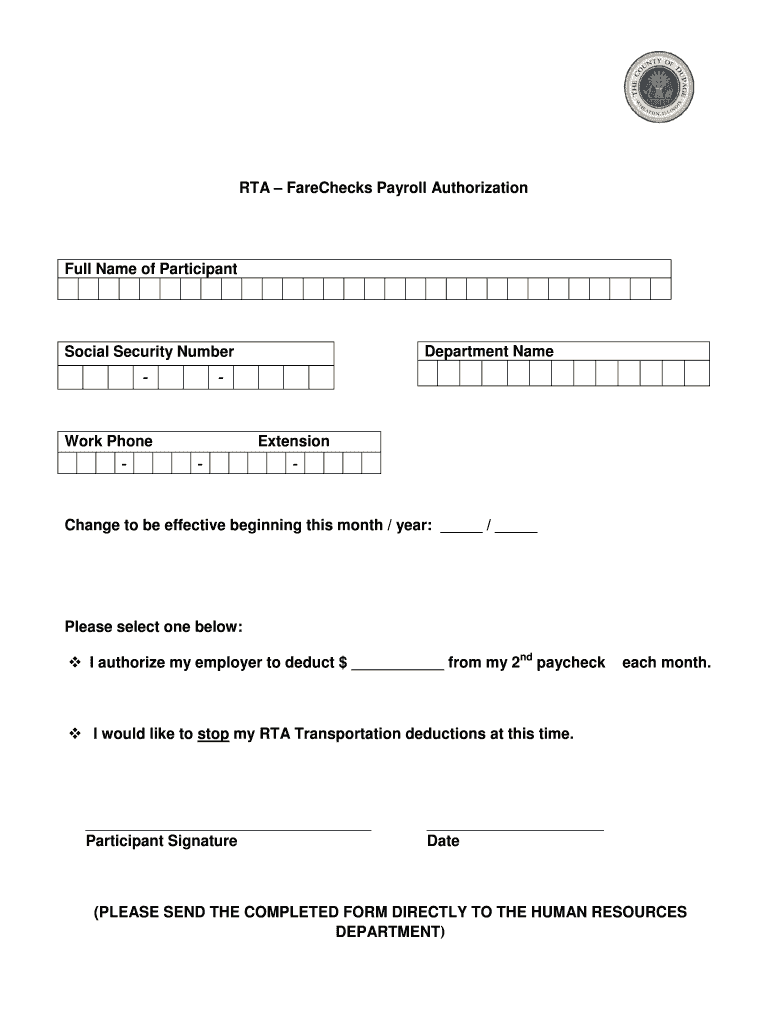 Fillable Online dupageco RTA Payroll Authorization Form - dupageco Fax ...