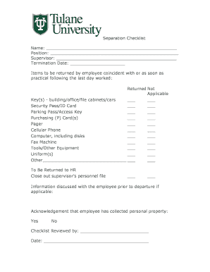 Fillable Online Separation Checklist - tulane.edu Fax Email Print ...