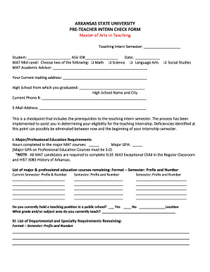 Fillable Online astate ARKANSAS STATE UNIVERSITY PRE-TEACHER INTERN ...