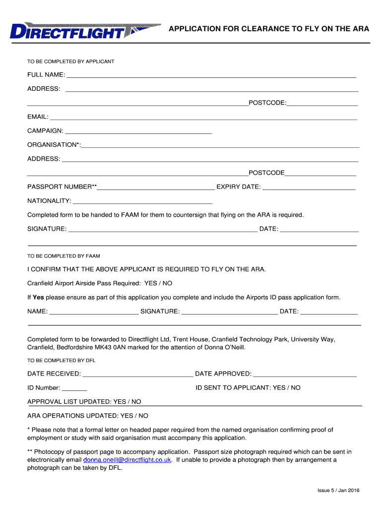 Fillable Online faam ac APPLICATION FOR CLEARANCE TO FLY ON THE ARA Fax ...