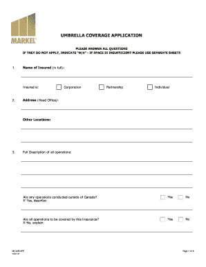 Fillable Online markelinternational UMBRELLA COVERAGE APPLICATION ...