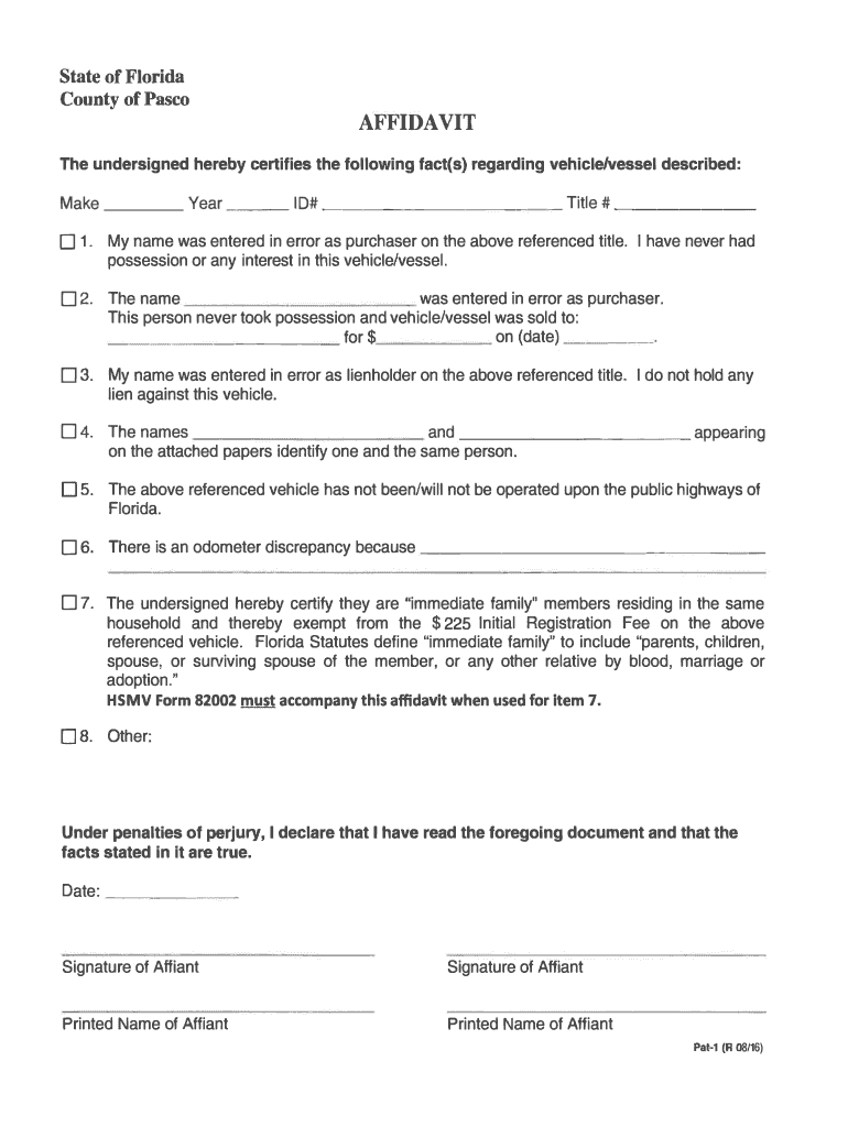 Fillable Online State of Florida County of Pasco AFFIDAVIT Fax Email ...