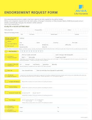 Fillable Online Endorsement Request Form 2 - policybazaar.avivaindia.com Fax Email Print - pdfFiller