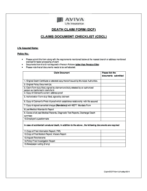Fillable Online Death claim form - policybazaar.avivaindia.com Fax ...