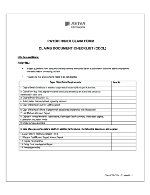 Fillable Online Payor Rider Claim - policybazaar.avivaindia.com Fax ...