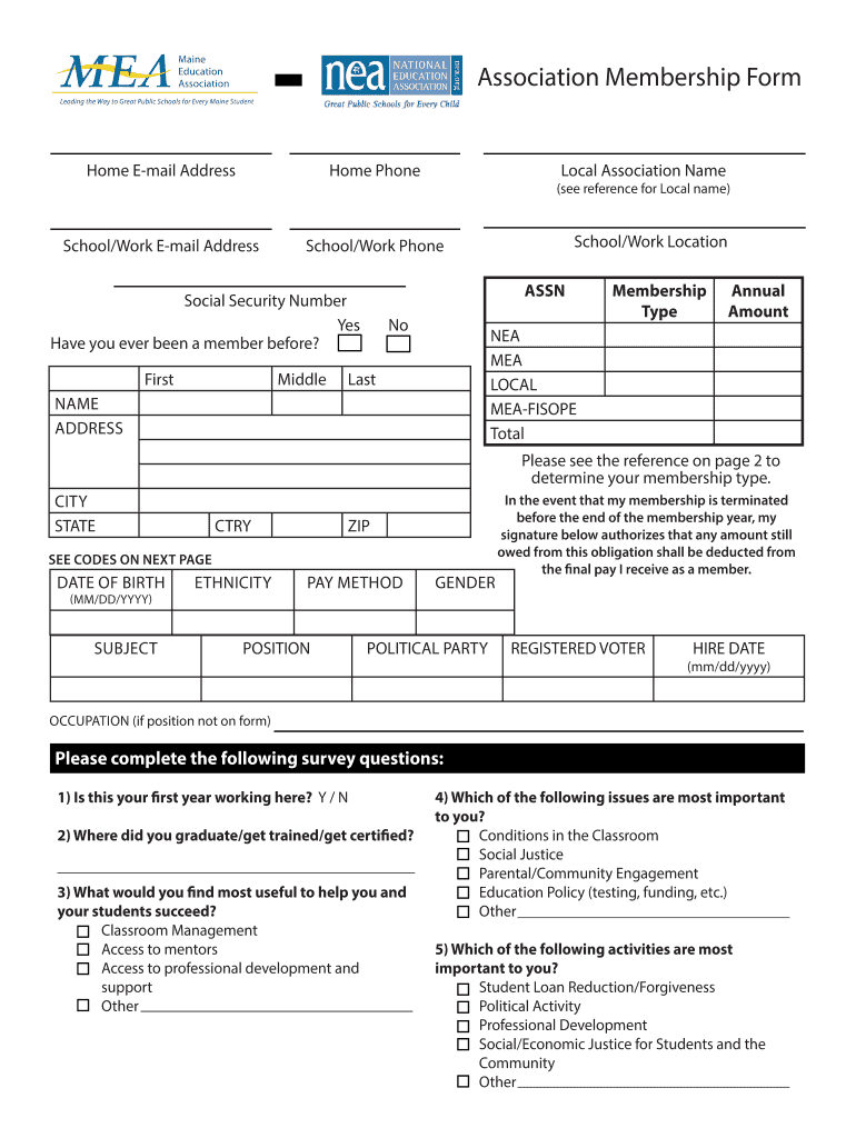 Fillable Online maine nea Association Membership Form - Maine Education ...