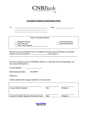 Fillable Online Automatic Deposit Authorization Form - CNB Bank, Inc ...