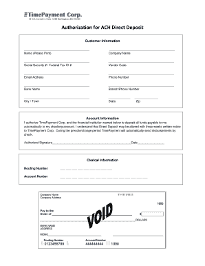 Fillable Online Authorization for ACH Direct Deposit - timepayment.com Fax Email Print - pdfFiller