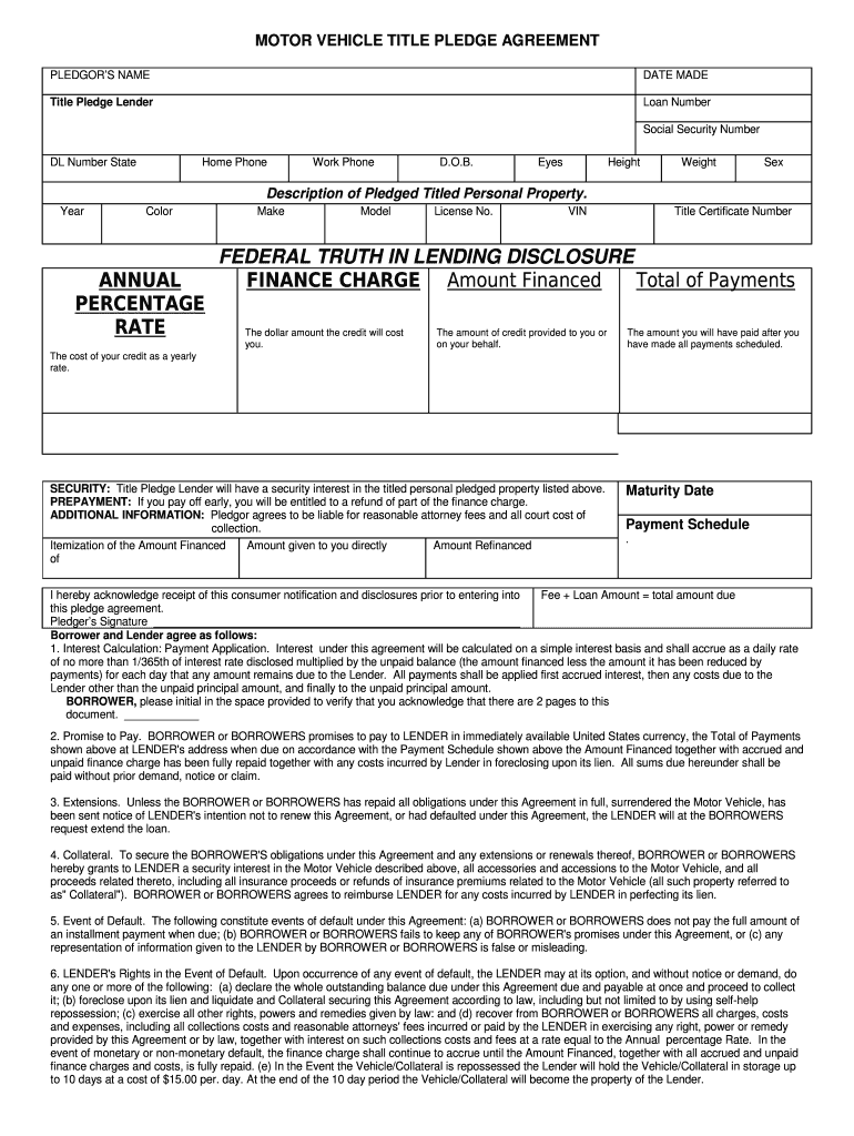 Fillable Online MOTOR VEHICLE TITLE PLEDGE AGREEMENT - aocg.com Fax ...