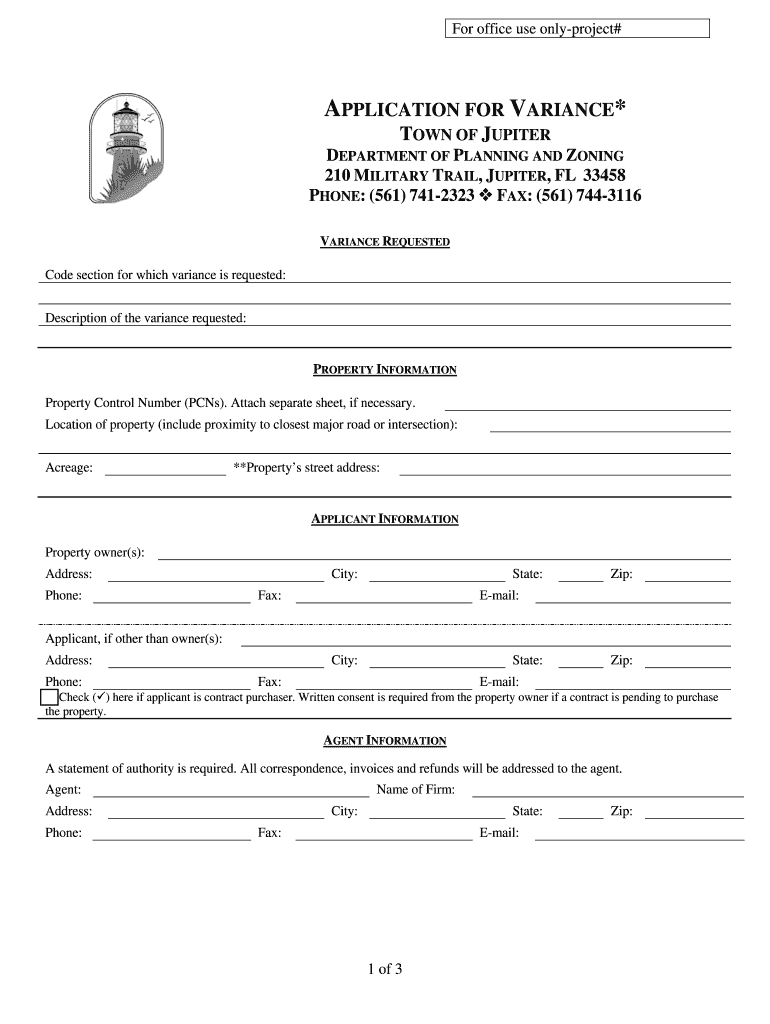 Fillable Online APPLICATION FOR VARIANCE TOWN OF JUPITER DEPARTMENT OF ...