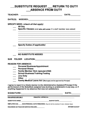Fillable Online Sub Request - Absence from Duty Form Fax Email Print ...