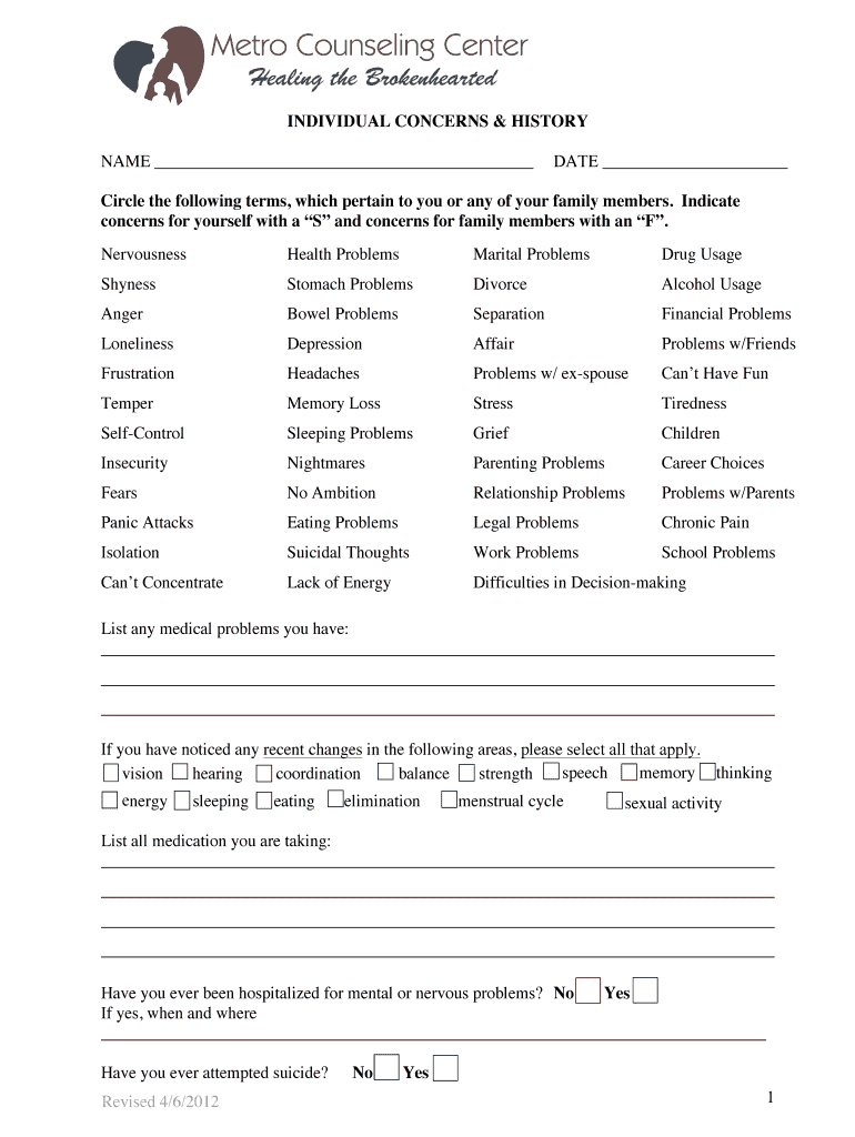 Fillable Online metrocounseling Individual Concerns - Metro Counseling Center Fax Email Print ...