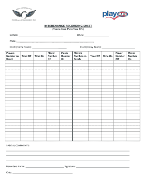 Fillable Online INTERCHANGE RECORDING SHEET - wafooty.com.au Fax Email ...