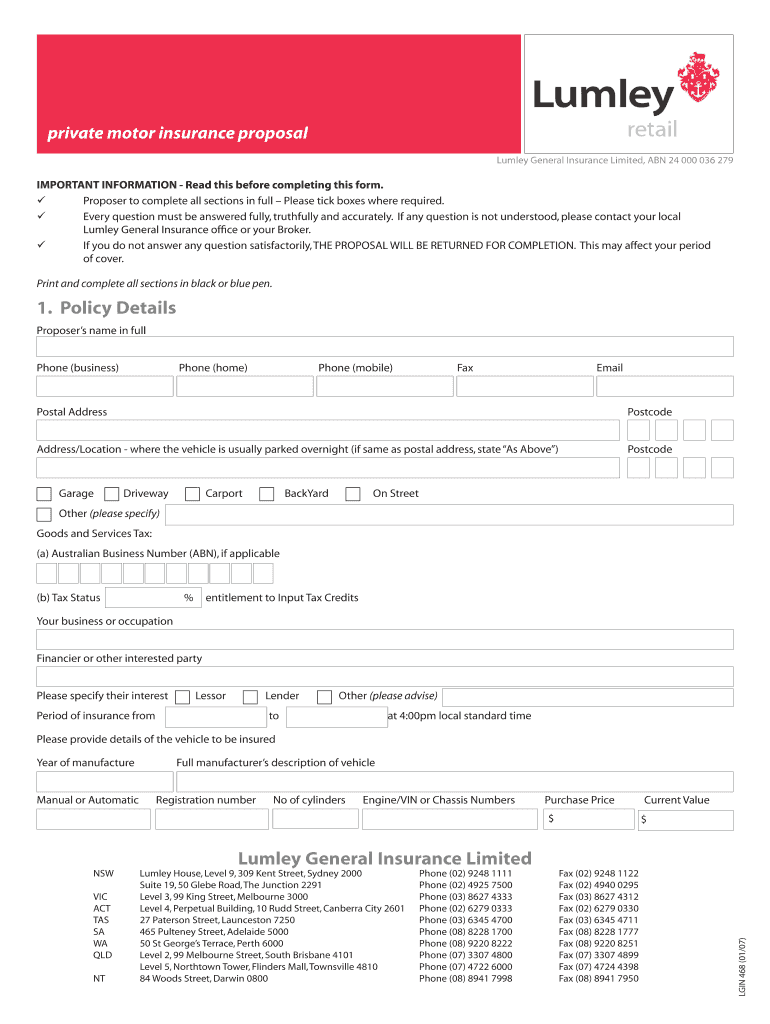 Fillable Online private motor insurance proposal - MBG Fax Email Print ...