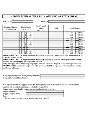 Fillable Online AIR-SEA FORWARDERS, INC. - VGM DECLARATION FORM Fax ...