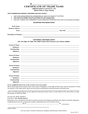 Fillable Online # CERTIFICATE OF TRADE NAME - middlesexcountynj.gov Fax ...