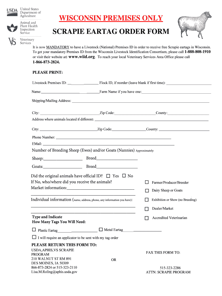Fillable Online datcp wi SCRAPIE EARTAG ORDER FORM - datcp.wi.gov Fax ...