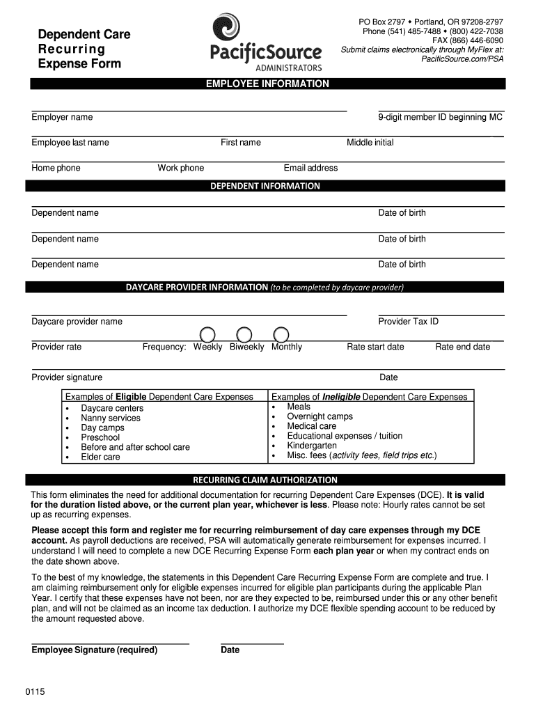 Fillable Online Dependent Care Recurring Expense Form Fax Email Print ...
