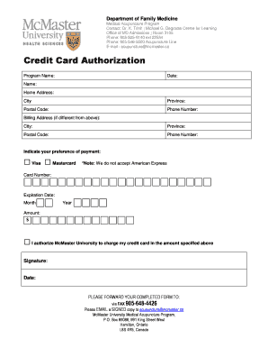 Fillable Online acupuncture mcmaster Credit Card Authorization ...