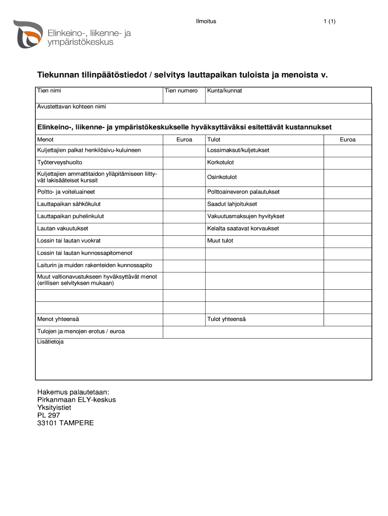 Fillable Online lomake Selvitys lauttapaikan tuloista ja menoista - lomake.fi Fax Email Print ...