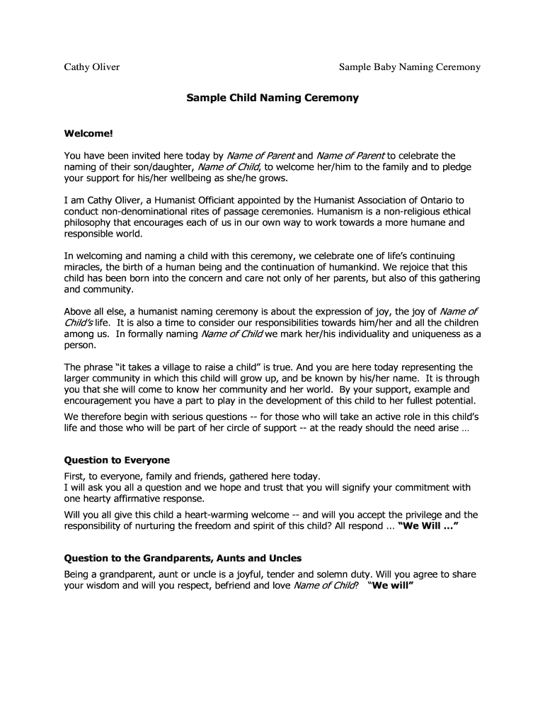 Fillable Online humanistcelebrations Sample Naming Ceremony - Humanist ...