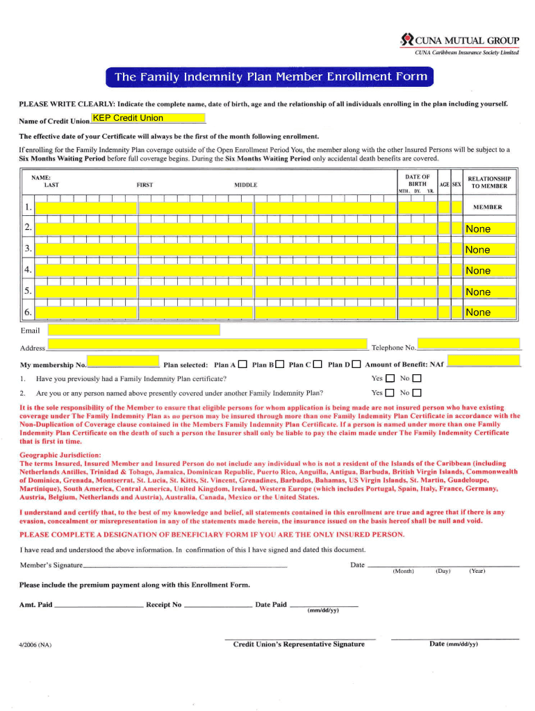 Fillable Online kepcreditunion Page 1 L THE FAMILY , INDEMNITY * PLAN ...