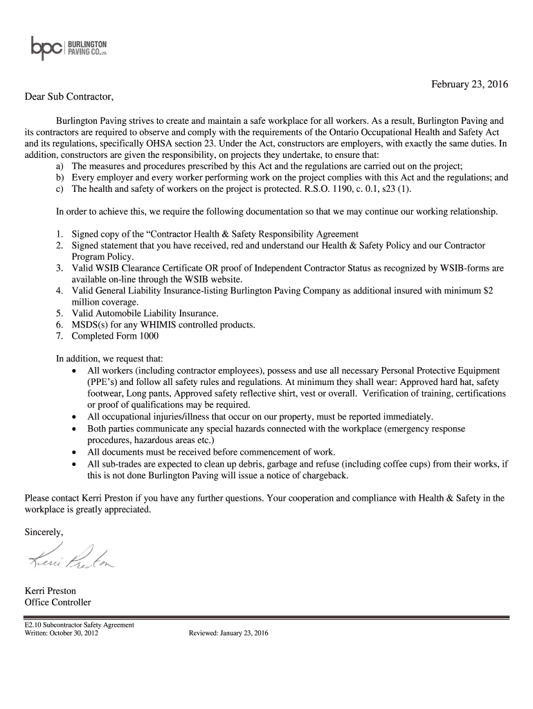 Fillable Online E2.10 Sub contractor, Health and Safety ...