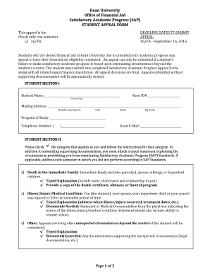 Fillable Online kean SAP Student Appeal Form -Summer 2016 2017 - Sample ...