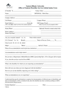 Fillable Online eiu Disability Services Intake Form - Eastern Illinois University Fax Email ...