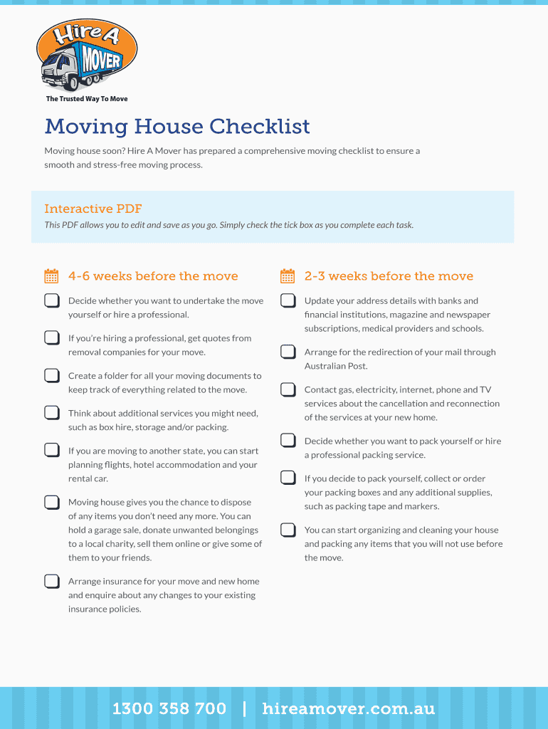 Fillable Online Moving House Checklist - Hire A Mover Fax Email Print ...